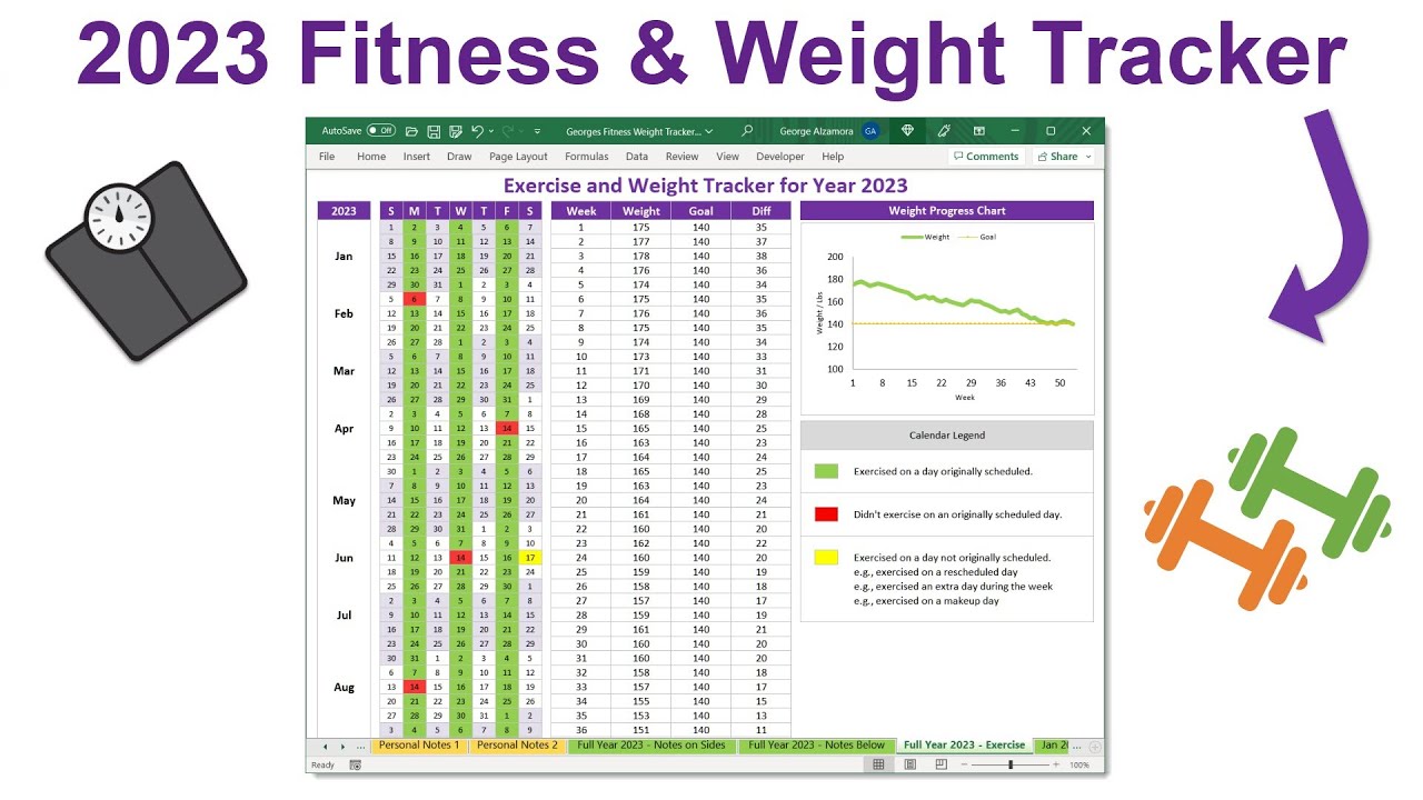 Exercise & Weight Tracker for Year 2023 | Set Fitness Plan & Weight Loss Goals | Excel ...
